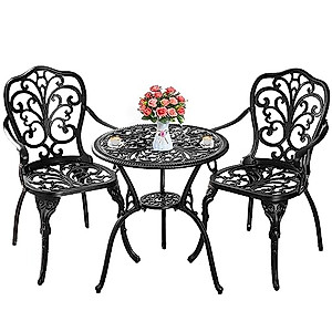 Withniture Bistro Table and Chairs Set of 2 with Umbrella Hole,Cast Aluminum Patio Bistro Sets 3 Piece,Outdoor Bistro Table Set,Patio Furniture Set for Front Porch Set,Garden(Butterfly Black)