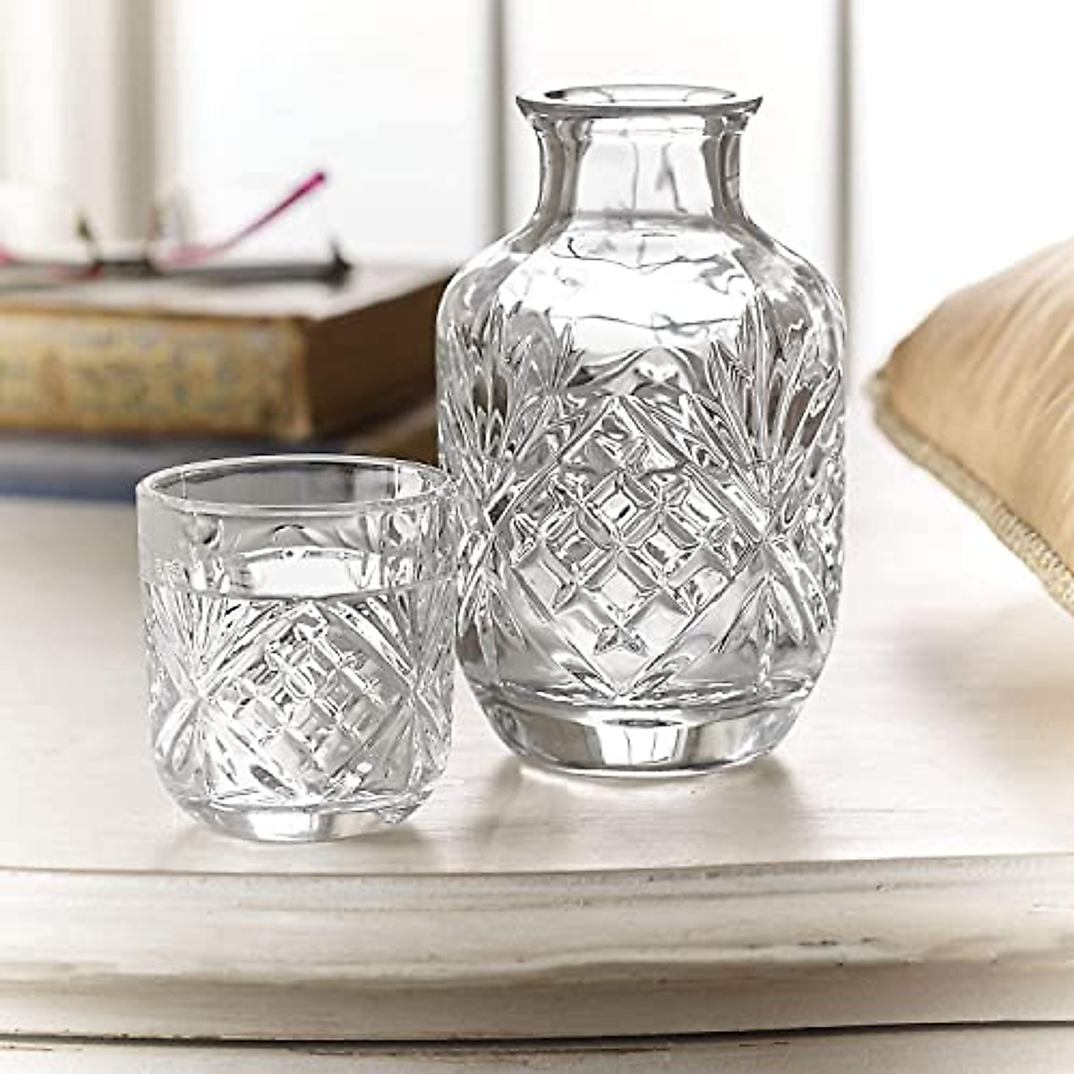 Lefonte Crystal Bedside Night Carafe Pitcher and Water Glass Tumbler Set, Bedroom Nightstand Water Pitcher and Cup Set