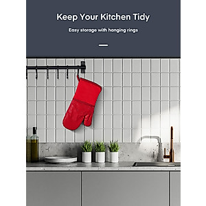 Oven Mitts, Heat Resistant Kitchen Oven Gloves 572°F, Non-Slip Silicone Surface, Extra Long Flexible Thick Mitts for Kitchen, Cooking, Baking, BBQ, Grid Red