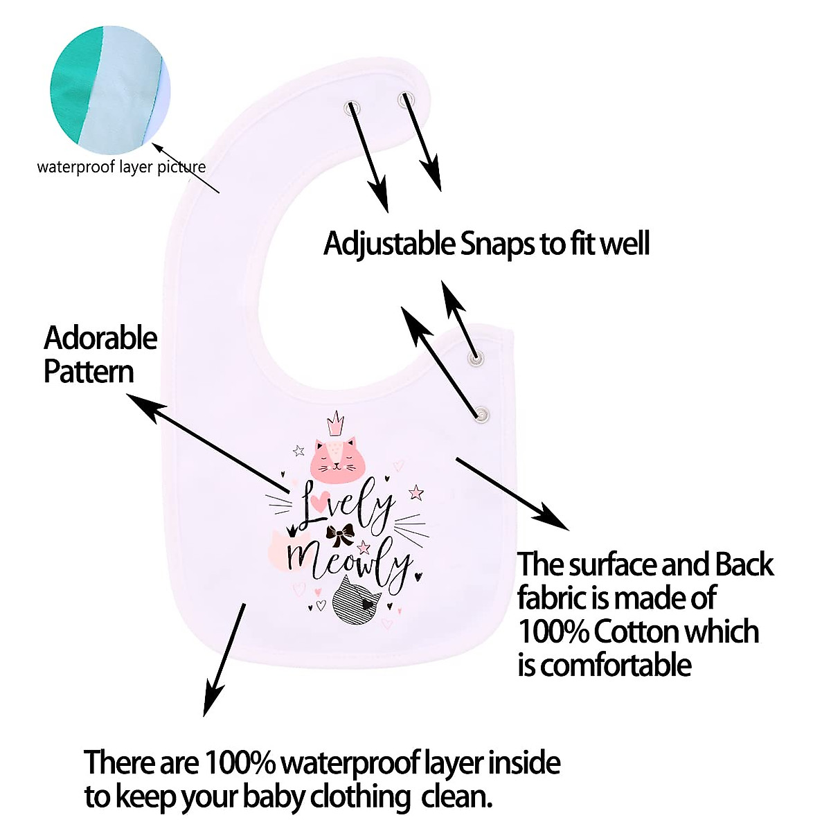 Maiwa 6 Pack Waterproof Cotton Baby Bibs for Girls Boys for Drooling Eating with Adjustable Snaps