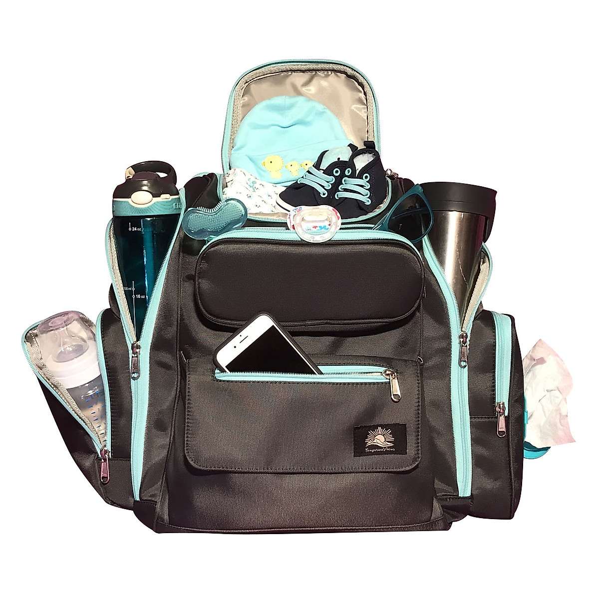 Tangerine Views Diaper Bag Backpack - 4pcs: Spacious Gender Neutral Colors w/Changing Pad, Stroller Straps, Food Snack Pack, and Waste Bag Dispenser w/Bags, Dark Gray With Teal, Large