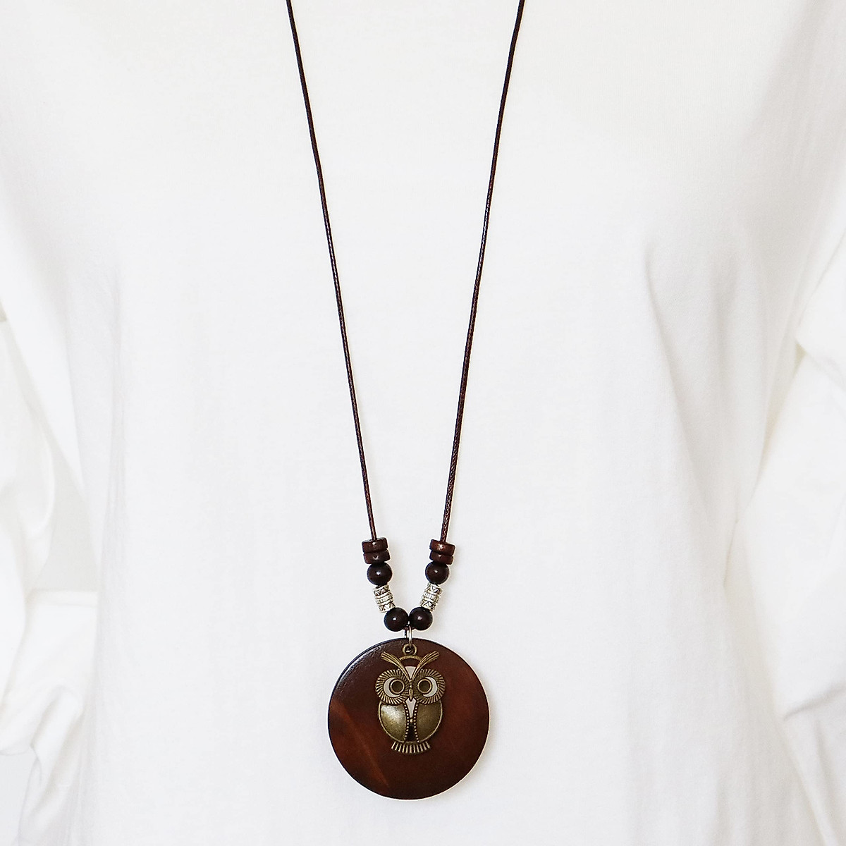 MZFJWY 2 PCS Handmade Long Wax Rope Wooden Pendant Necklace Jewelry Gift for Women Girls