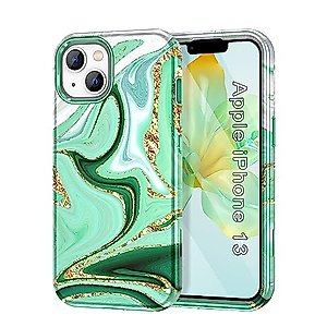 CASEFIV Compatible with iPhone 13 Case, Marble Pattern 3 in 1 Heavy Duty Shockproof Full Body Rugged Hard PC+Soft Silicone Drop Protective Girls Women Cover for iPhone 13 6.1 inch 2021, Green White