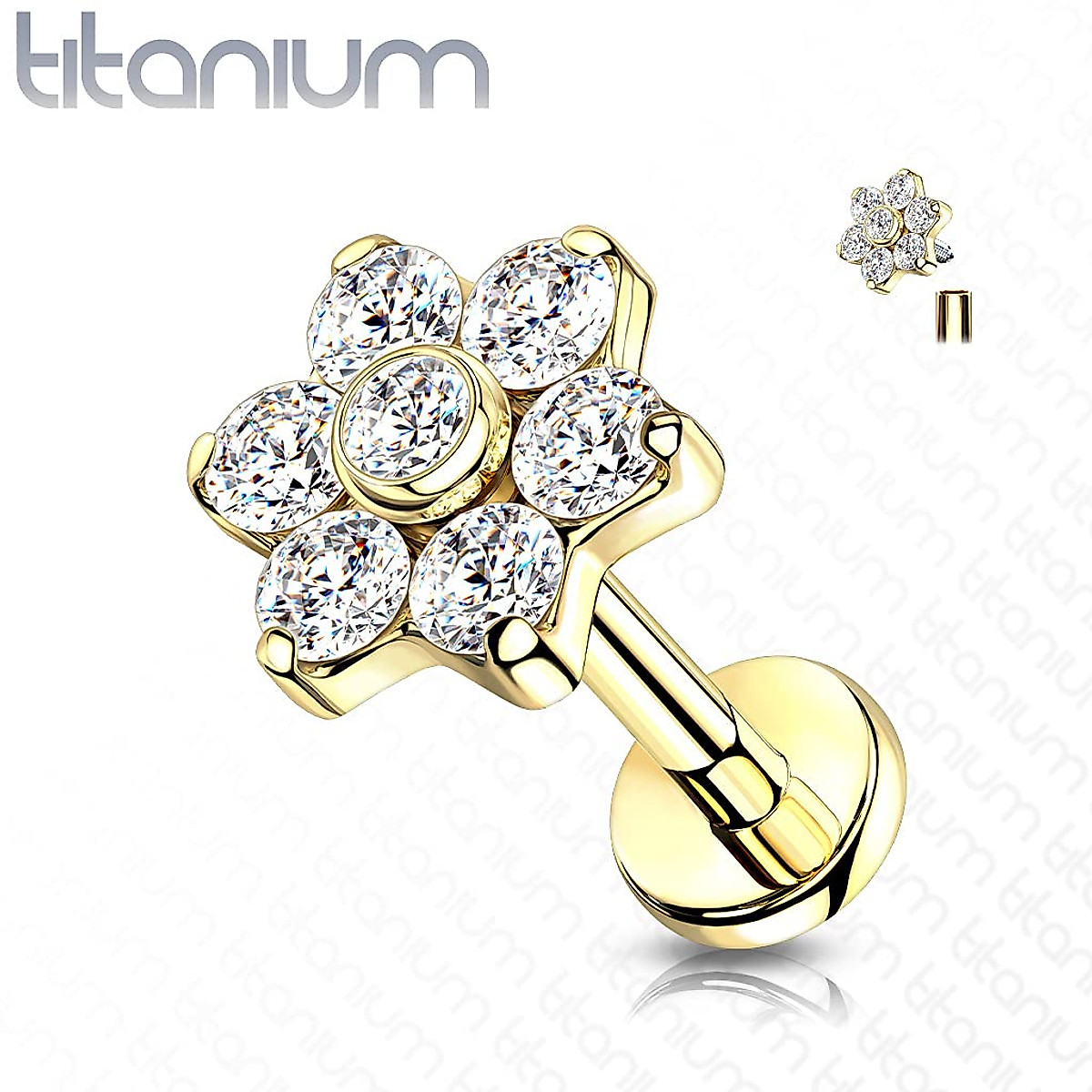 Dynamique Implant Grade Titanium Internally Threaded Labret, Flat Back Studs With 6 CZ Set Flower Top (Sold Per Piece)