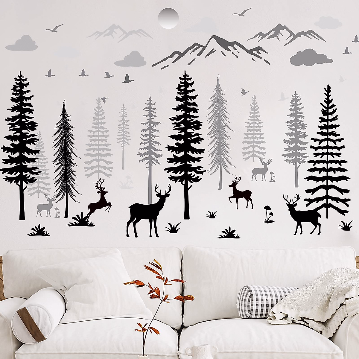 8 Pieces Winter Forest Wall Stickers Nursery Snowflake Wall Decals Dreamy Forest Wall Stickers Deer Pine Tree Wall Decals Woodland Trees Wall Decals for Kids Room Winter Decor(Black, White, Gray)