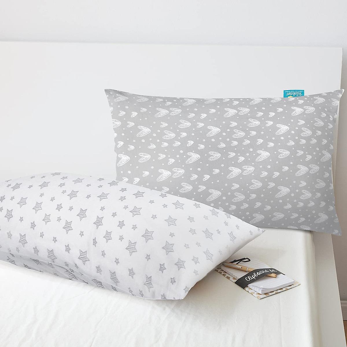 Biloban Organic Cotton Youth Pillowcase 2 Pack, (Pillowcase Only) Kids Pillowcase for Sleeping Fit Pillow Sized 16" x22“, Envelope Travel Pillowcase for Girl Boy, Gray Heart & White Star