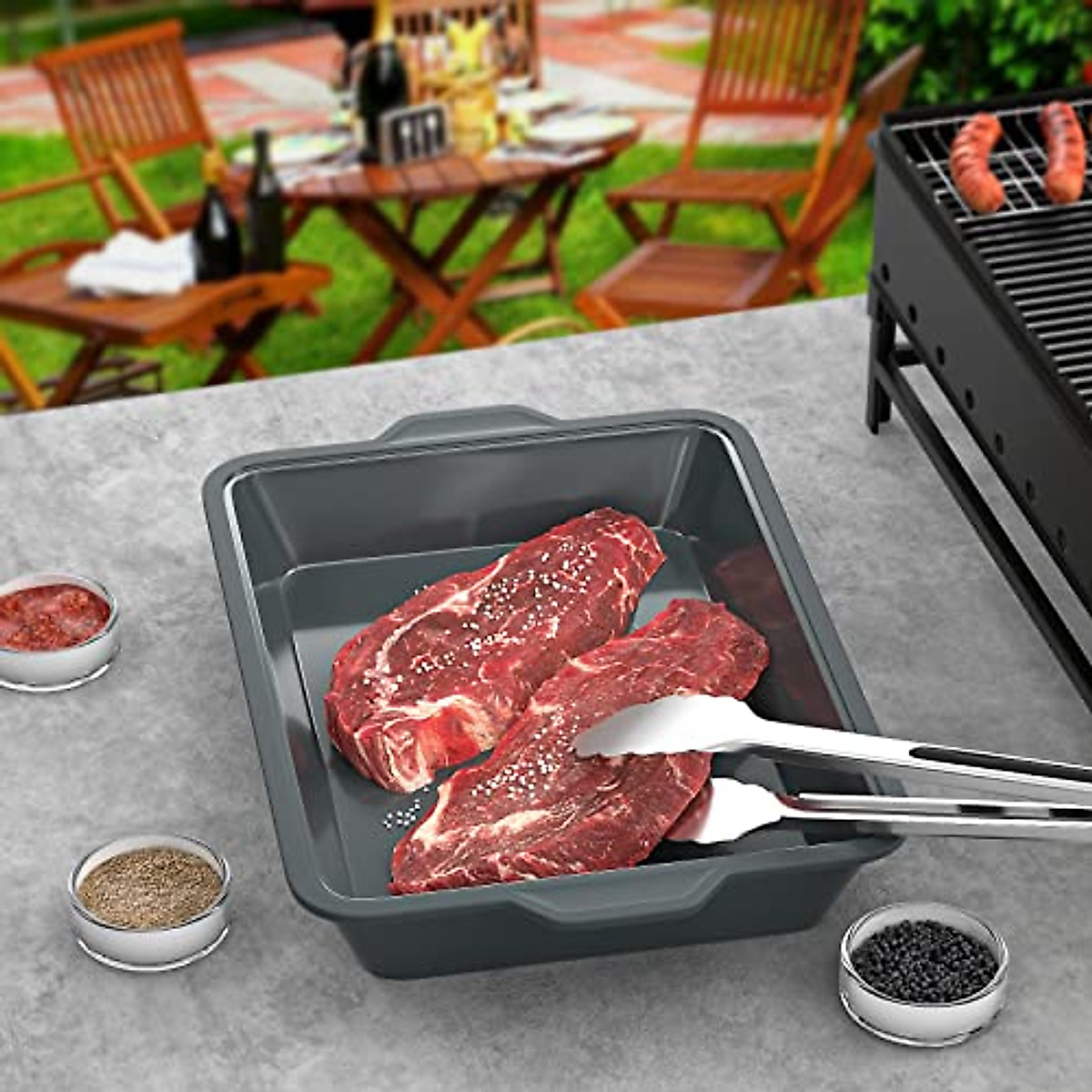 Food Prep BBQ Tray, 4-piece Grill Prep Trays Include a Silicone Marinade Container for Marinating Meat & a Stainless Steel Serving Platter for all your Grilled Barbecue, Heavy Duty & Easy Clean, Grilling Gifts for Men