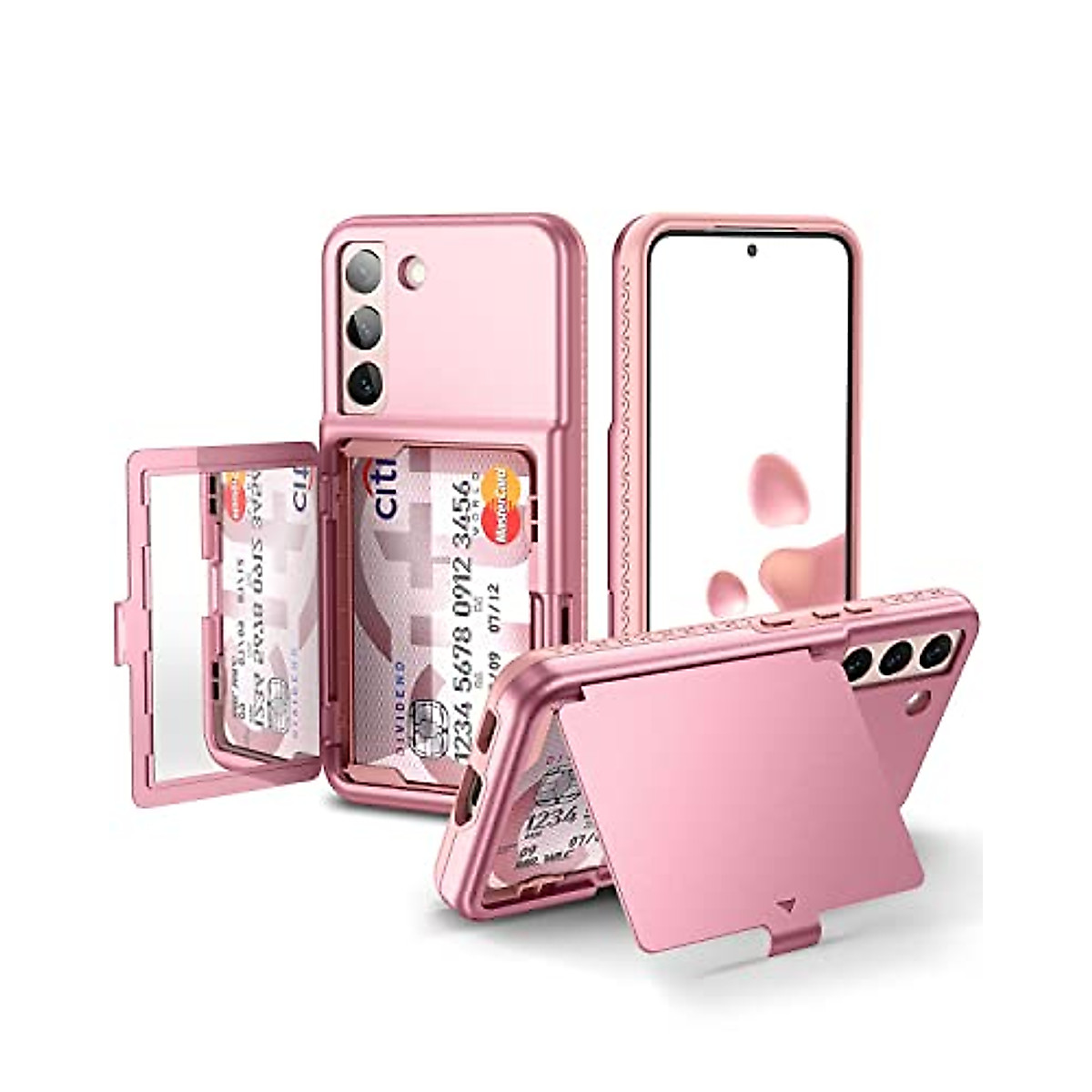 WeLoveCase Samsung Galaxy S22 Case Wallet Case with Credit Card Holder & Hidden Mirror, All-Round Protection Shockproof Phone Cover Designed for Samsung Galaxy S22 5G, 6.1 inch Rose Gold