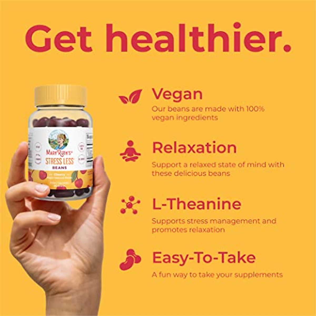 MaryRuth's Stress Relief Vita-Beans for Adults | Made with Magnesium Citrate & L-Theanine | Natural Calm, Relaxation, Stress and Mood Support Supplement for ages 14+ | Vegan | Non-GMO | 60 Count