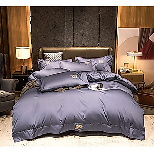 Wrinkle Stain Resistant Four Piece Bed Set Luxury Satin Sheet 4 Pcs King Set Sateen Long-Staple Cotton Embroidery Bed Sheet Set Queen Size Sheet Set (Purple 200x230cm)