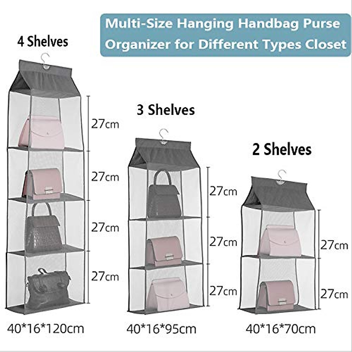 Ocean's Shop Hanging Handbag Organizer, Foldable Dust Cover Wardrobe Closet Organizer Hanging Purse Storage Holder for Space Saving (Grey, 4 Shelves)