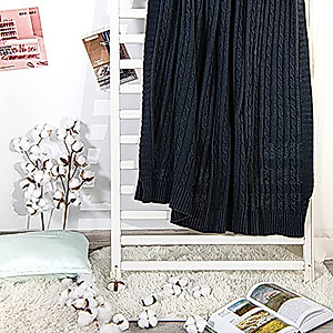 NTBAY 100% Pure Cotton Cable Knit Throw Blanket, Super Soft Warm 51x67 Knitted Throw Blanket for Couch, Sofa, Chair, Bed - Extra Cozy, Machine Washable, Comfortable Home Decor, Navy