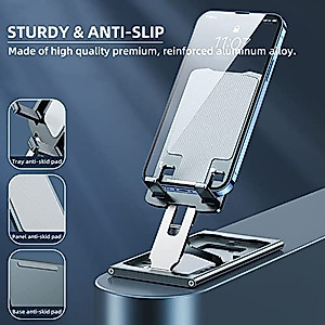 ULIKTO Foldable Cell Phone Stand Height Angle Adjustable Aluminum Desktop Phone Holder Cradle Dock Pocket Portable Mount for iPhone, Samsung Galaxy, iPad Mini, Tablets Up to 12” (Grey)