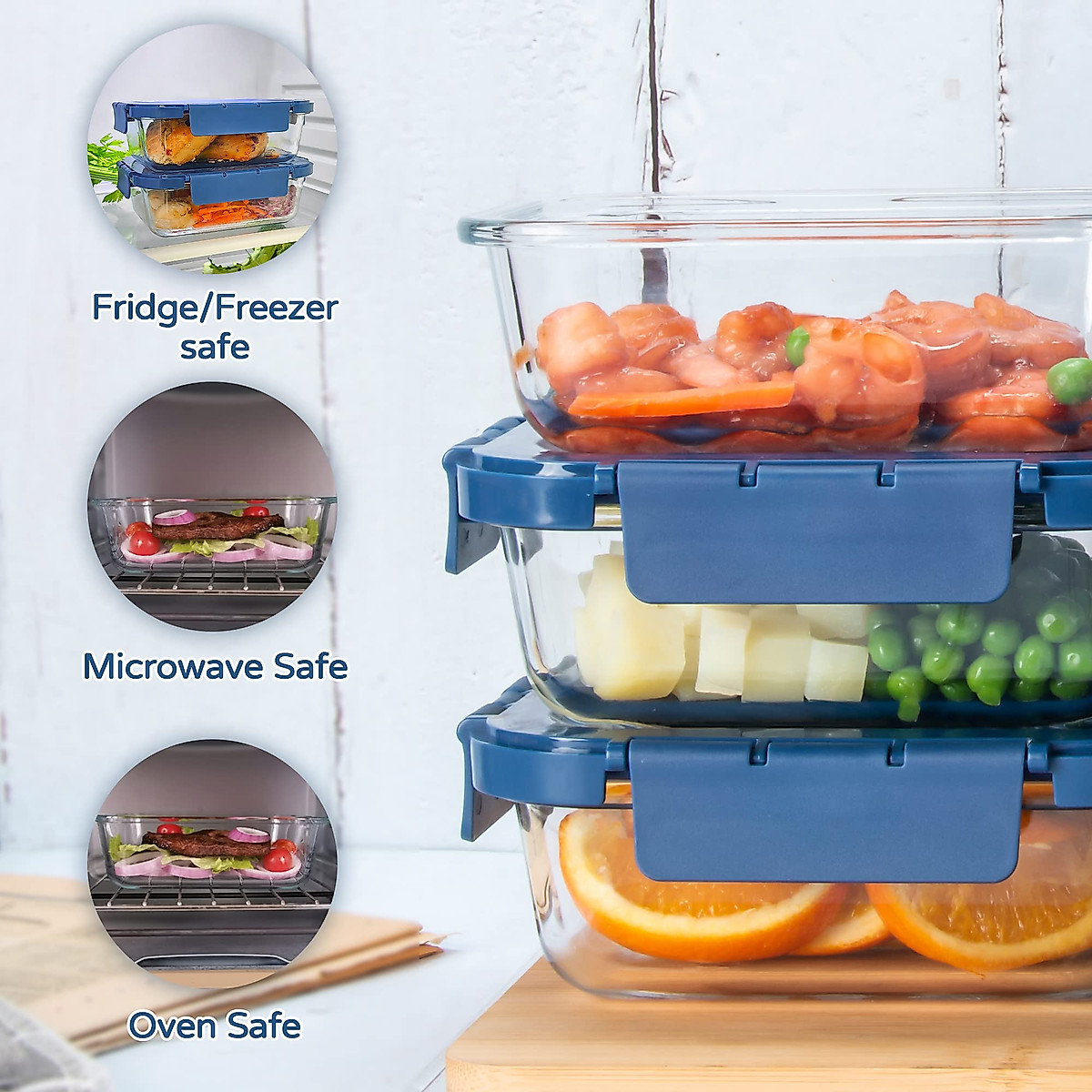 HAKEEMI Glass Food Storage Containers 10 Pack, Glass Meal Prep Containers with Snap Locking Lids Airtight Built in Air Vents, Glass Lunch Containers, Microwave/Dishwasher Safe, Navy Blue