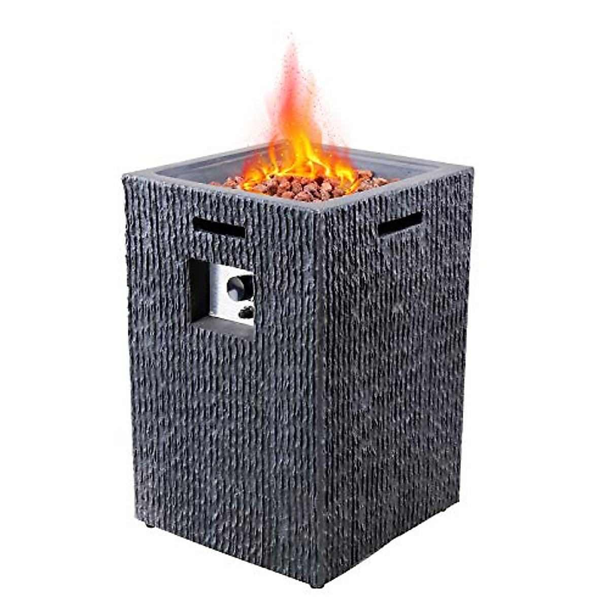19 inch Outdoor Propane Fire Pit Table, 40,000 BTU Patio Gas Heater Column with Vertical Texture Surface, Red Lava Rocks, and Waterproof Cover