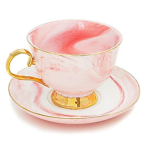 3-Piece Pink Marble Tea Cup and Saucer Gift Set for 1, 7 oz Teacup with Gold Spoon