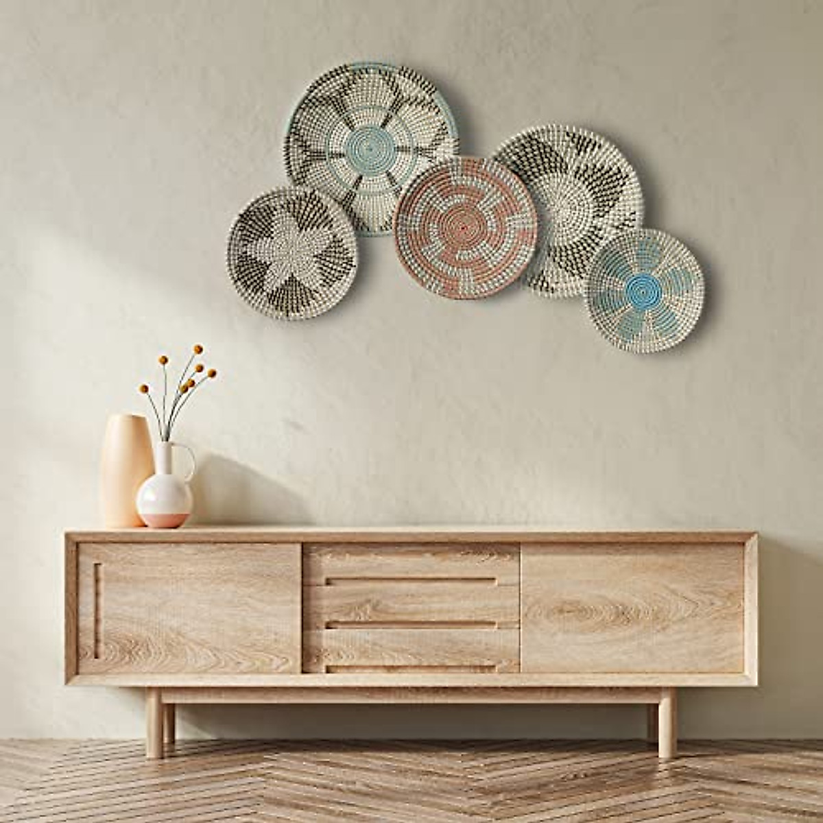 Kiwi Homie Round Woven Seagrass Wall Decor Basket Trays, Flat Natural Boho Baskets Handmade For Living Room, Decorative Wicker Wall Bakets For Unique Hanging Wall Art (15.94, Camellia)