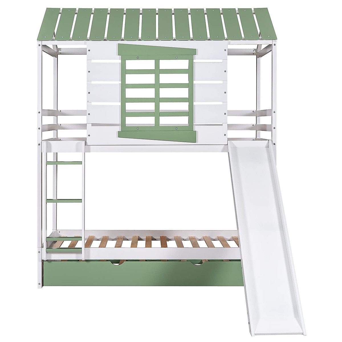 MERITLINE House Bunk Beds with Slide for Kids, Wood Twin Over Twin Bunk Beds with Trundle and Convertible Slide,Slide Playhouse Bed for Girls Boys, White+Green