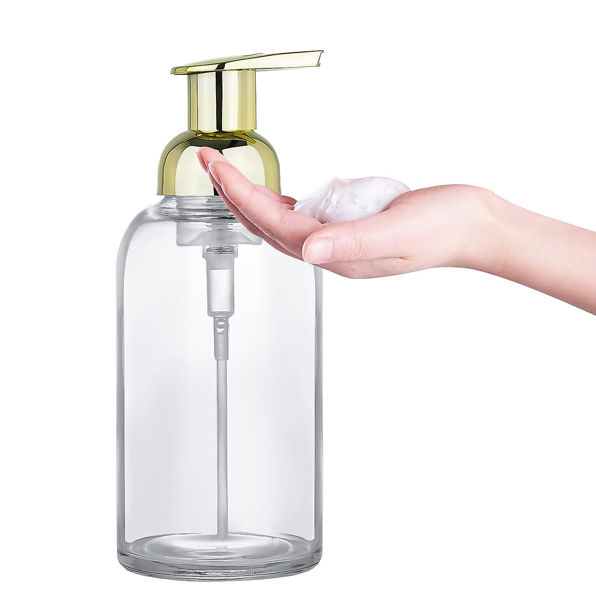 2 Pcs Foaming Soap Dispenser, Thick Glass Jar Soap Dispenser with Gold Foaming Pump, 13 ounce Round Bottles Dispenser with Foaming Pump