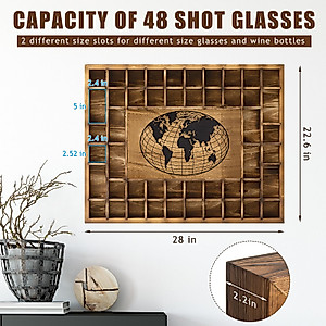 GlikCeil Large World Map 48 Slots Shot Glass Display Case 28 x 23'' Rustic Wood Shot Glass Holder for Different Size Shot Glass Shelf Organizer Wall Mount Shot Glass Storage Shadow Bar Cabinet (Brown)