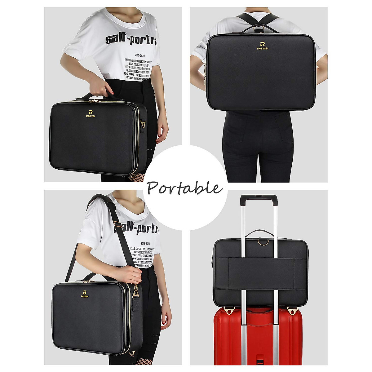 Relavel Makeup Case Large Makeup Bag Professional Train Case 16.5 inches Travel Cosmetic Organizer Brush Holder Waterproof Makeup Artist Storage Box, 3 Layer Large Capacity, with Adjustable Strap