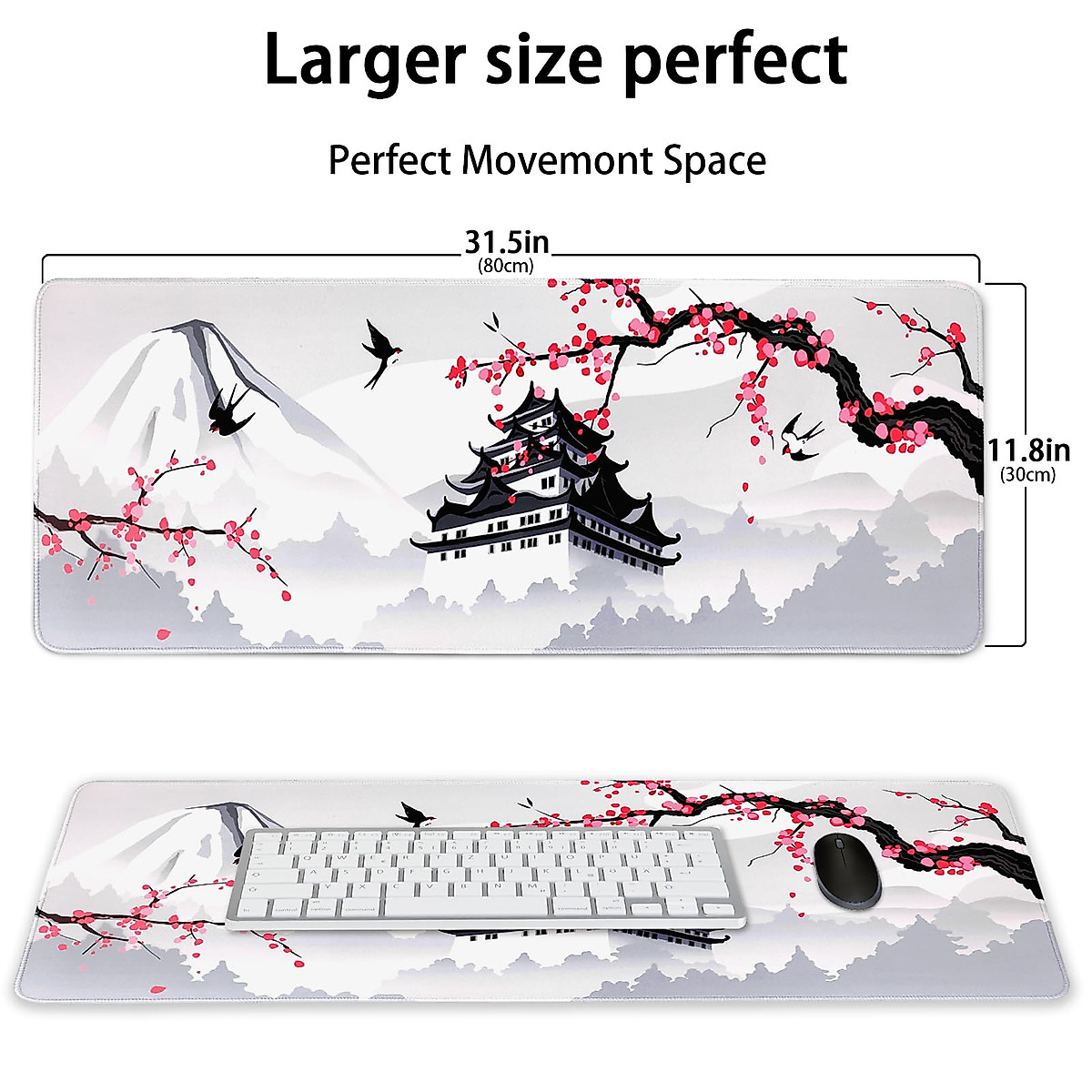 Japanese Cherry Blossom Gaming Mouse Pad 31.5x11.8in Pink Full Desk Japanese Sakura Gaming Mouse Pad Large Non-Slip Rubber Base Waterproof Big Keyboard Mat with Stitched Edges for Gaming Office