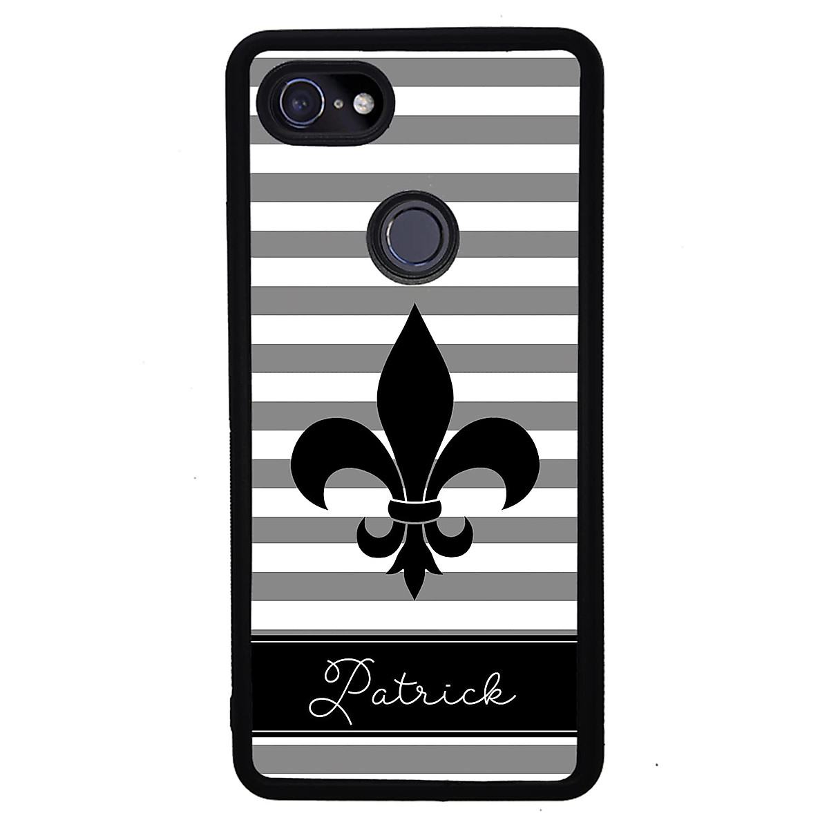Fleur De Lis Black White Personalized Black Rubber Phone Case Compatible With Google Pixel 8 Pro, 8a, 8, 7a, 7, Pixel 7 Pro, 6a, Pixel 6 Pro, 6, 5, 4a 5G, 4a 4G, 4, 4 XL, 3a, 3a XL, 3, 3 XL, 2 XL
