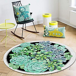 Savannan Round Area Rugs Mats, 4ft Diameter Non-Slip Soft Cozy Floor Rugs for College Dorm Bedroom Office Living Room, Watercolor Green Succulent Plants Potted Plants