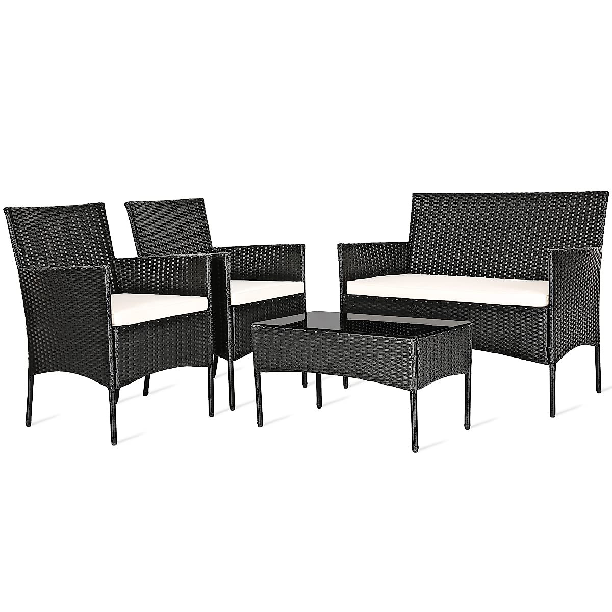 HAPPYGRILL 4PCS Patio Furniture Set Rattan Wicker Conversation Set Outdoor Patio Table Chair Set Wicker Sofas and Coffee Table Set for Garden Lawn Poolside