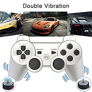 Vinonda PS3 Controller Wireless Game Controller with Double Vibration & 2 Charging Cable 2 Pack Gamepad Compatible with Playstation 3 (Silver+Red)