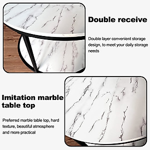 AT-VALY Round Coffee Table with Storage Open Shelf,Wooden Top & Sturdy Metal Frame,Sofa Table for Living Room, Bedroom and Office 31.5“(Black Metal Rack with White Artificial Marble MDF Board)