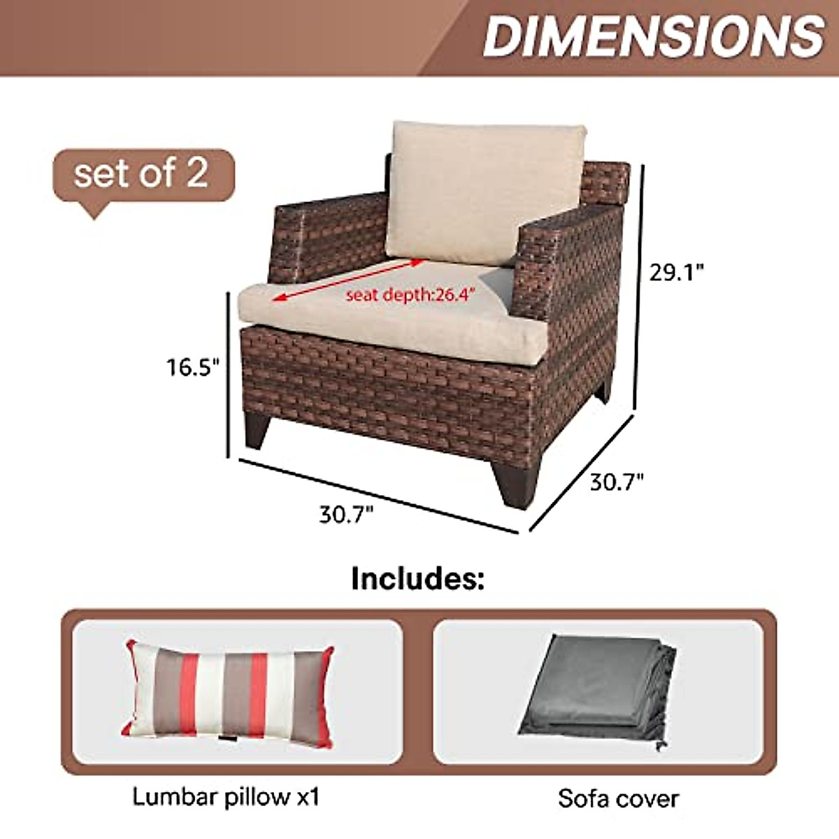 SUNSITT 2-Piece Outdoor Wicker Chairs Patio Furniture Set with Cushions, 2 Throw Pillow and Sofa Cover Included