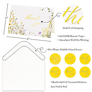 Crisky 4 Assorted Gold Foil Thank You Cards, Watercolor WildFlowers (50 Cards with Envelopes for Birthday, Baby Shower, Bridal Shower, Wedding, All Occasion)