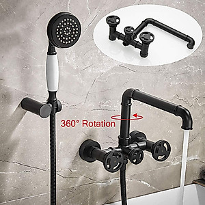 LUNEZY Black Tub Faucet Wall Mounted, Bathroom Tub Filler with Hand Held Shower Sprayer, Double Handle Bathtub Faucet Set, Industrial Style Bath Shower Mixer Tap