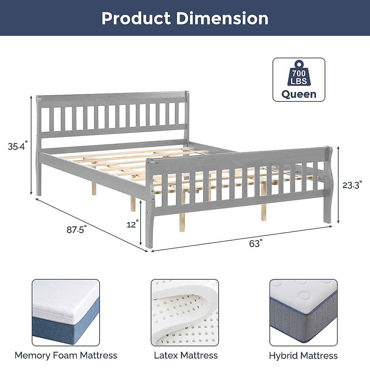 IULULU Queen Bed Frame, Solid Wood Platform Bed Frame with Headboard & Footboard, Queen Size Mattress Foundation with Wooden Slats Support, Easy Assembly, No Box Spring Needed, Light Grey