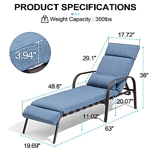 Crestlive Products Adjustable Chaise Lounge Chair with Cushion & Pillow, Outdoor Five-Position Recliner, All Weather for Patio, Beach, Yard, Pool (1PC Dark Blue)