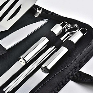 Dusted Lightweight Stainless Steel 6 Piece Travel Grill Utility Set - Spatula, Tongs, Fork, Brush, Knife, Skewers, Canvas Bag, Perfect for Grilling at Home Or On The Go