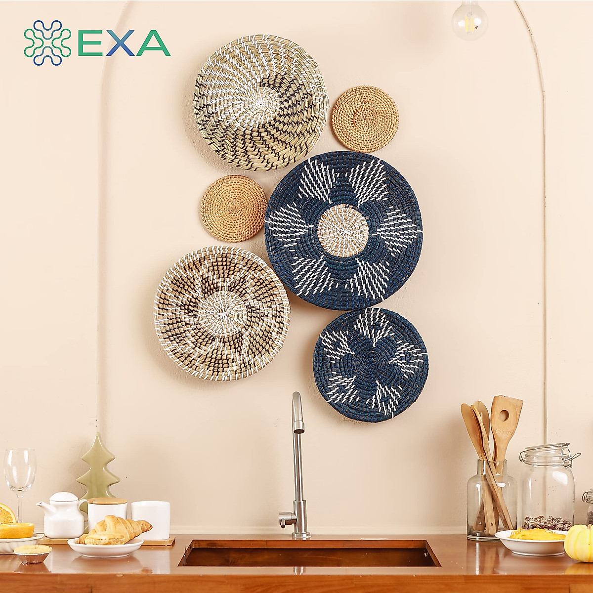 EXA Set of 6 Hanging Woven Wall Basket Decor Peony Rustic Round Decorative Large Wall Decor - Handmade Seagrass Baskets - Rattan Wall Art, Flat Wicker Woven Basket Wall Decors for Boho