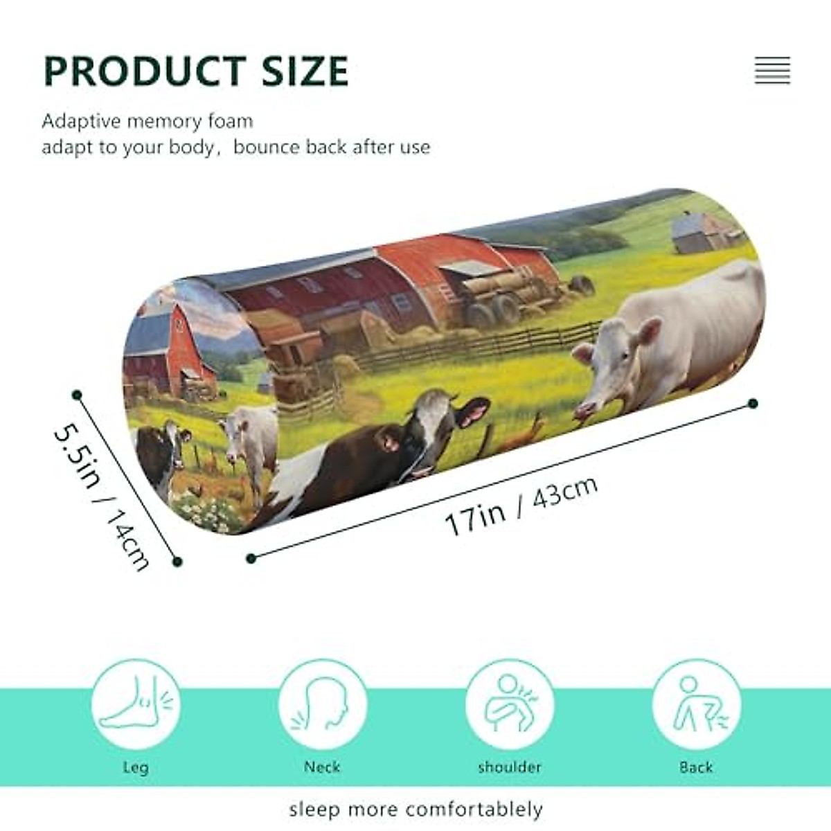 xigua Farm Animals Neck Roll Pillow for Neck Relief with Removable Washable Cover - Memory Foam Round Cylinder Bolster, Ergonomically Designed for Head, Neck, Back, and Legs