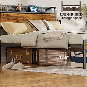 Furnulem Bed Frame Queen Size with Light,Industrial Storage Headboard with Power Outlet and USB Port,Wood Platform Queen Bed with Strong Metal Support,No Box Spring Needed,Silent