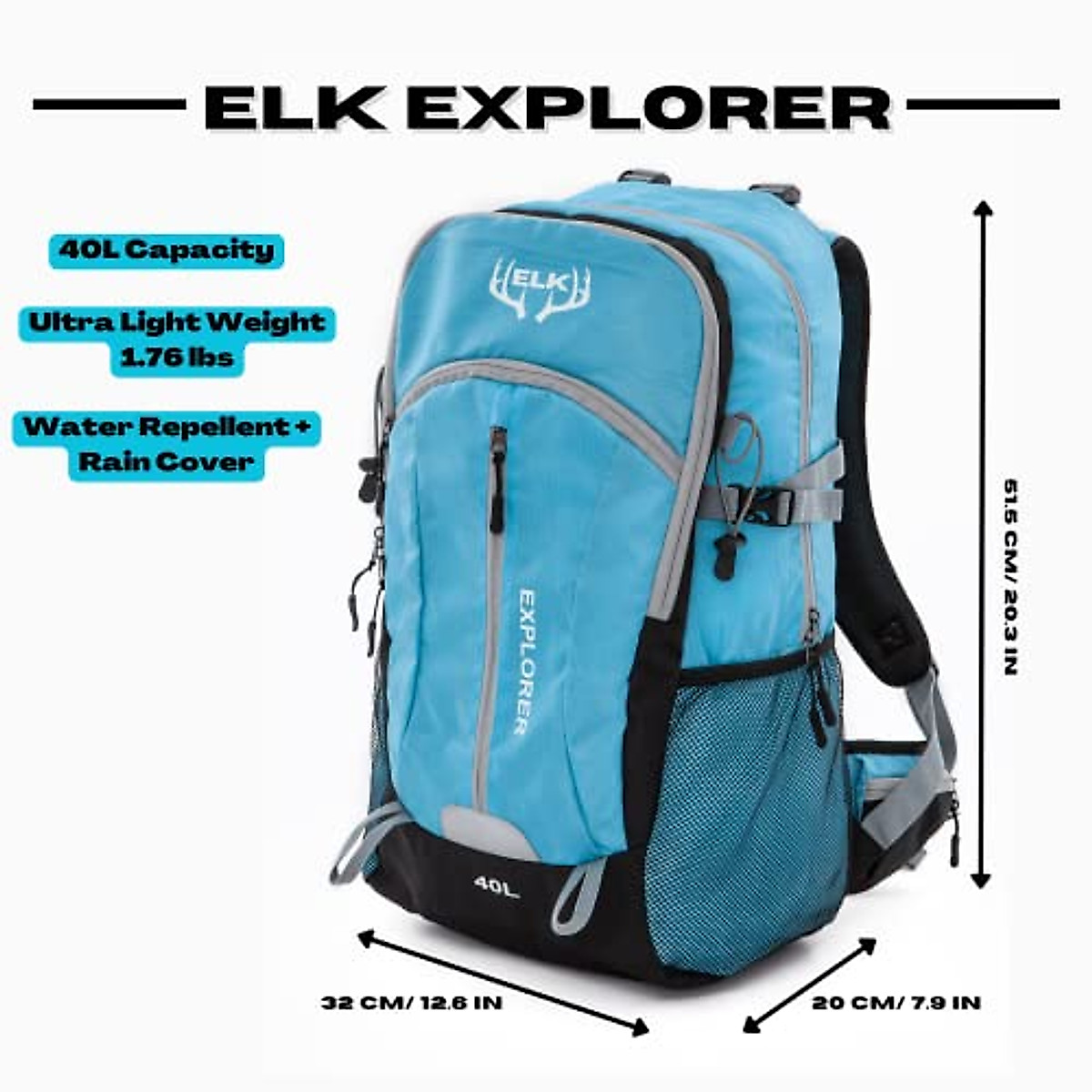 Elk 40L Hiking Backpack, Lightweight Waterproof Daypack with Rain Cover