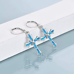 ONEFINITY Opal Cross Earrings Sterling Silver Cross Dangle Drop Earring Cross Leverback Earrings for Women