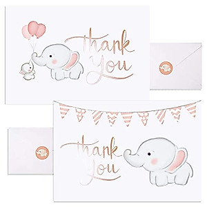Baby Shower Thank You Cards with Envelopes for Girl. 50 Elephant Pink Thank You Cards Baby Shower with Envelopes for Baby Thank You Notes - Blank Inside Baby Shower Card Pack with Sealing Stickers…