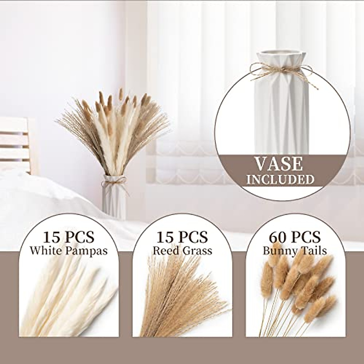 Wemk Pampas Grass with Vase Included, 90Pcs Dried Pampas Grass Decor, Natural Dried Pampas Grass, Fluffy Pampas Grasses for Home Decor Wedding Boho Decor