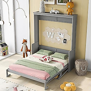 Merax Queen Size Murphy Bed Space-Saving Wood Wall Bed Frame with a Shelf for Guest Room,Home Office,Grey