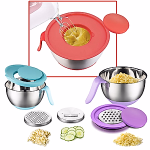 Stainless Steel Mixing Bowls with Lids (Set of 3) - Features Long Handles, Pour Spout, Non Slip Colorful Silicone Bottom, 3 Graters, & Measurement Marks. Ideal for Baking, Serving, Food & Salad Prep.