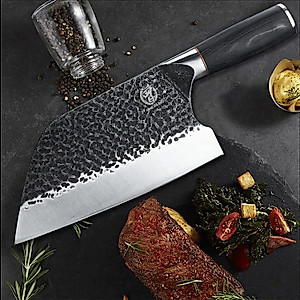 Authentic Serbian Chefs Knife - 7.5'' Full Tang Cleaver Knife - Razor Sharp High Carbon Steel - Rivet Pakka wood Handle for Kitchen fine cut