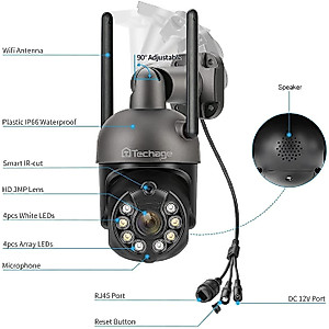 Techage PT815G, Plug-in, Pan Tilt Security Camera Outdoor, Auto Tracking, 3MP, 360° View, WiFi, 2 Way Audio, Color Night Vision with Floodlights, IP66 Waterproof, SD Card/Cloud Storage, Grey