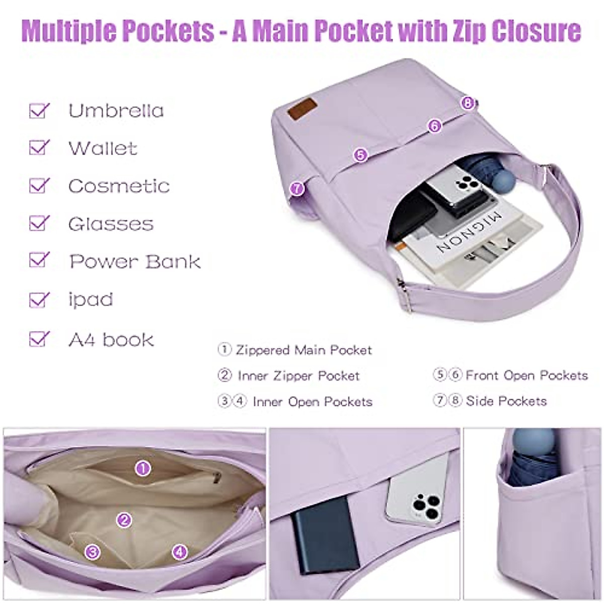 MYHOZEE Purple Canvas Tote Bag for Women - Durable, Lightweight, Large Capacity with Multiple Pockets, Adjustable Wide Shoulder Strap, Stylish and Versatile