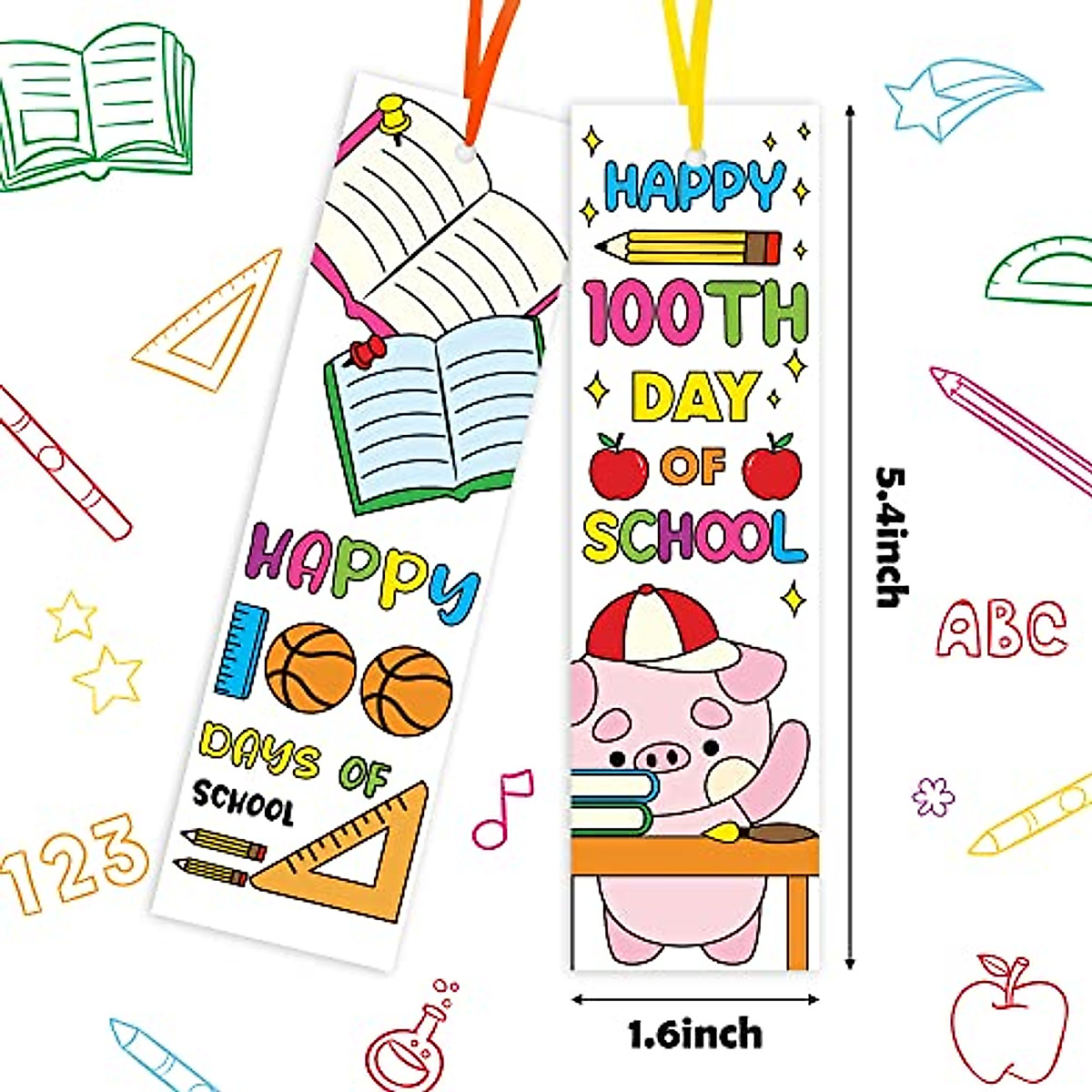 3sscha 75Pcs 100th Day of School Color Your Own Bookmarks for Kids DIY Coloring Blank Bookmark Including Pencil Alarm Clock Books Ruler Painting Paper Bookmark Class Party Supplies Goodie Bag Fillers